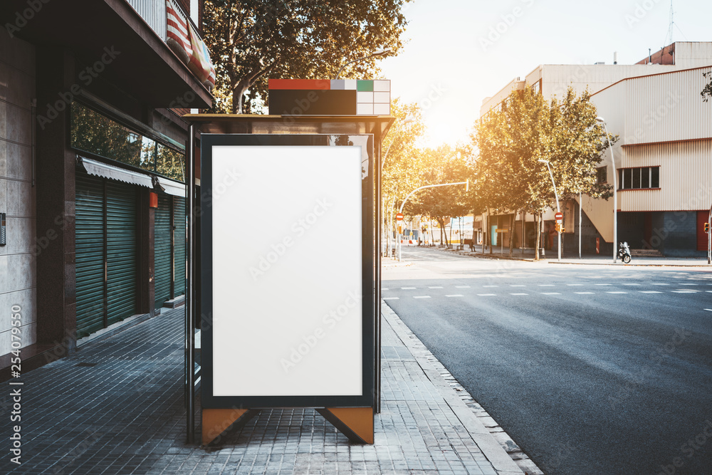 A mockup of the advertising poster inside of a stop of a city transport ...
