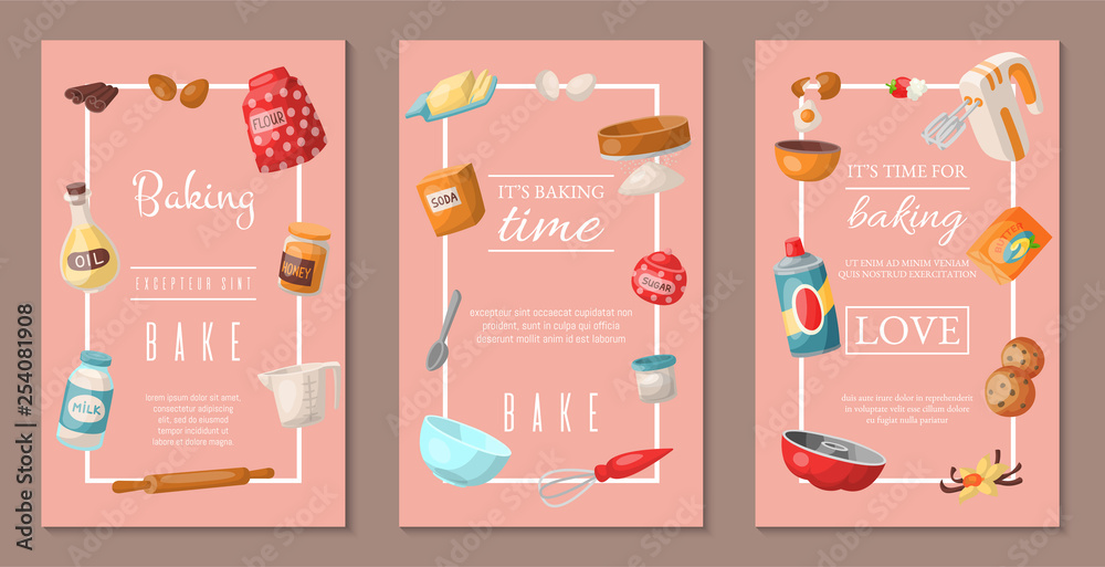 Time for baking set of banners. Baking ingredients and kitchen tools ...