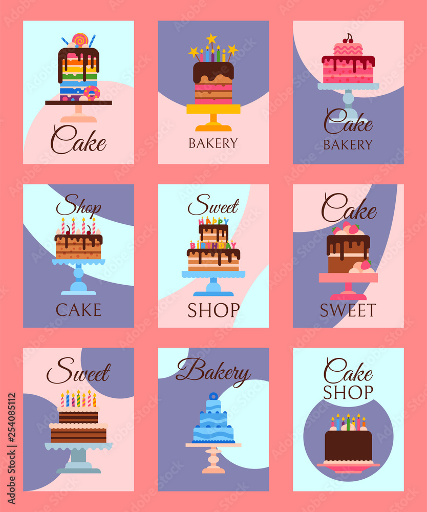 Cake shop set of banners or cards vector illustration. Chocolate and ...