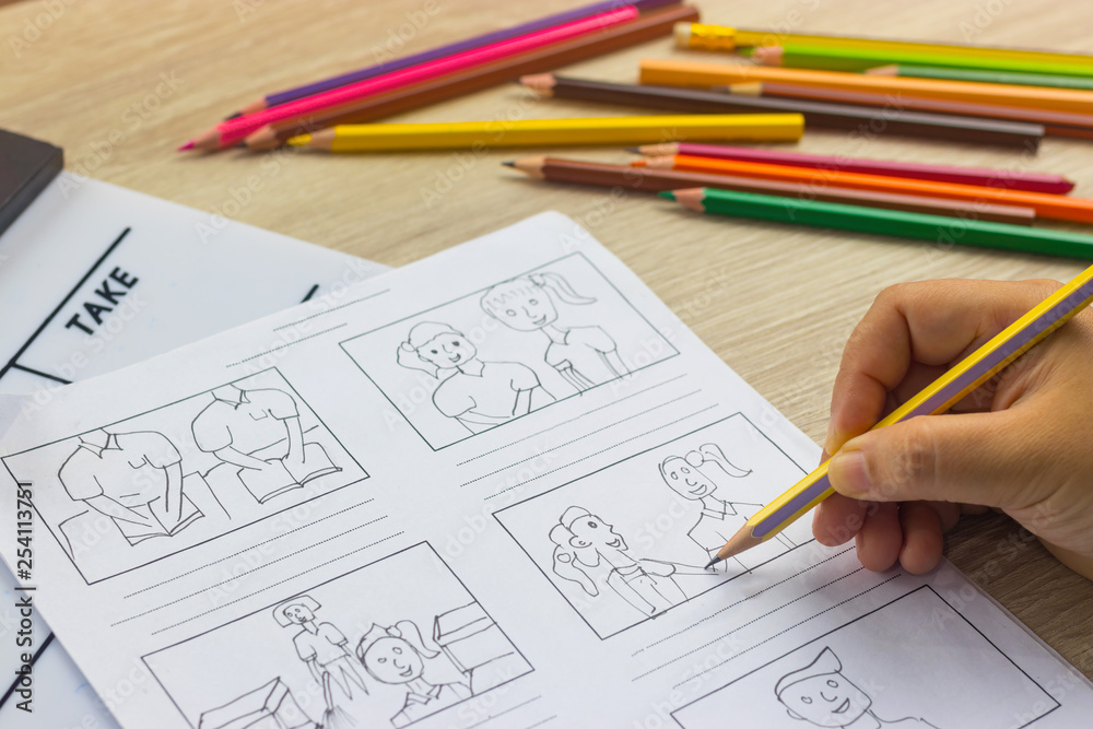 Storyboard drawing with pencil creative sketch cartoon. Storyboarding ...