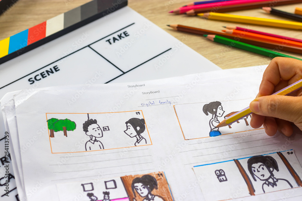 Storyboard drawing with pencil creative sketch cartoon. Storyboarding ...