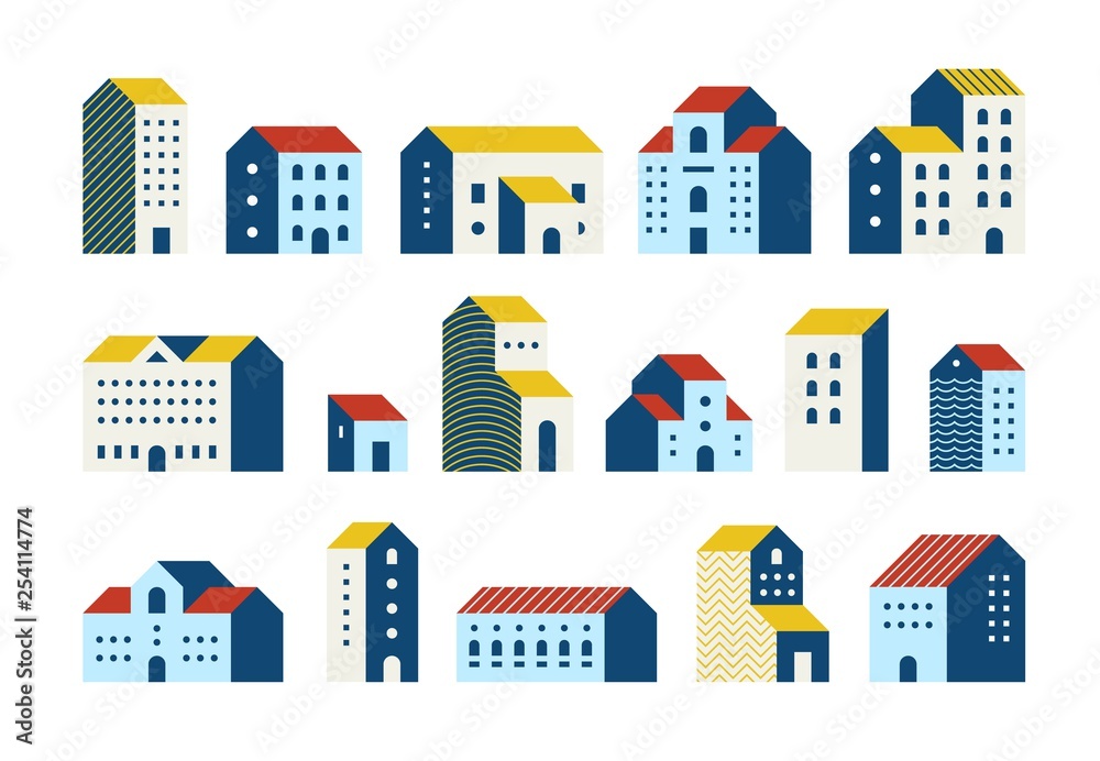 Minimal flat houses. Simple geometric buildings cartoon set, urban city ...