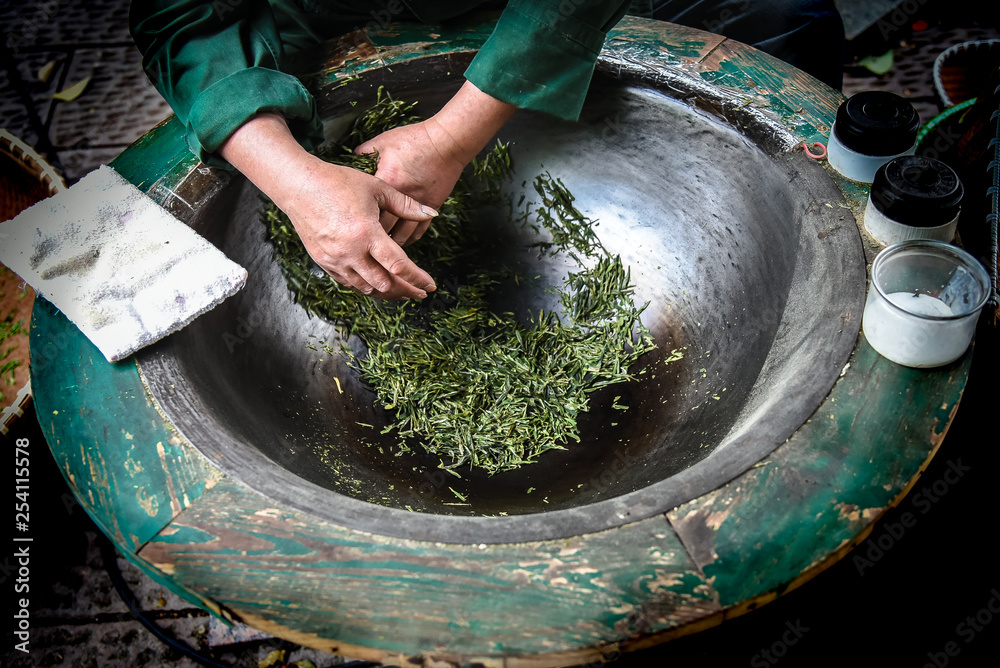 Traditional tea making Drying green tea in pan processing by hand at ...