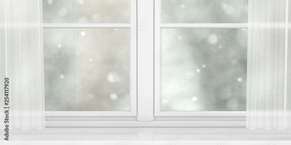 wide white window with white quarrels with a view of boke behind it, 3d ...