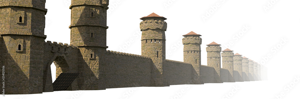 medieval castle wall with watch towers and gate isolated on white ...