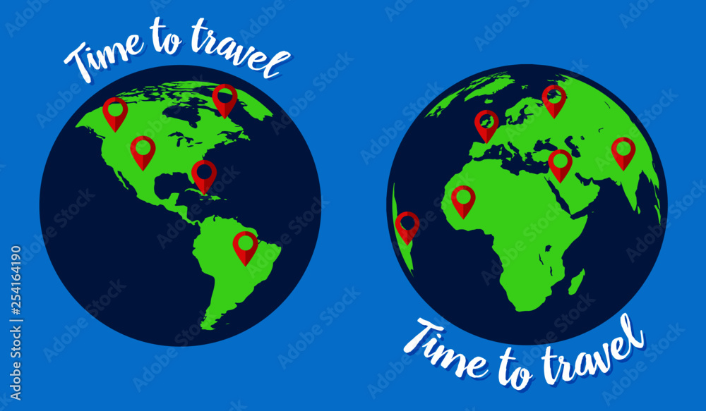 Time to travel template. Flat design of world map or Earth. Around the ...