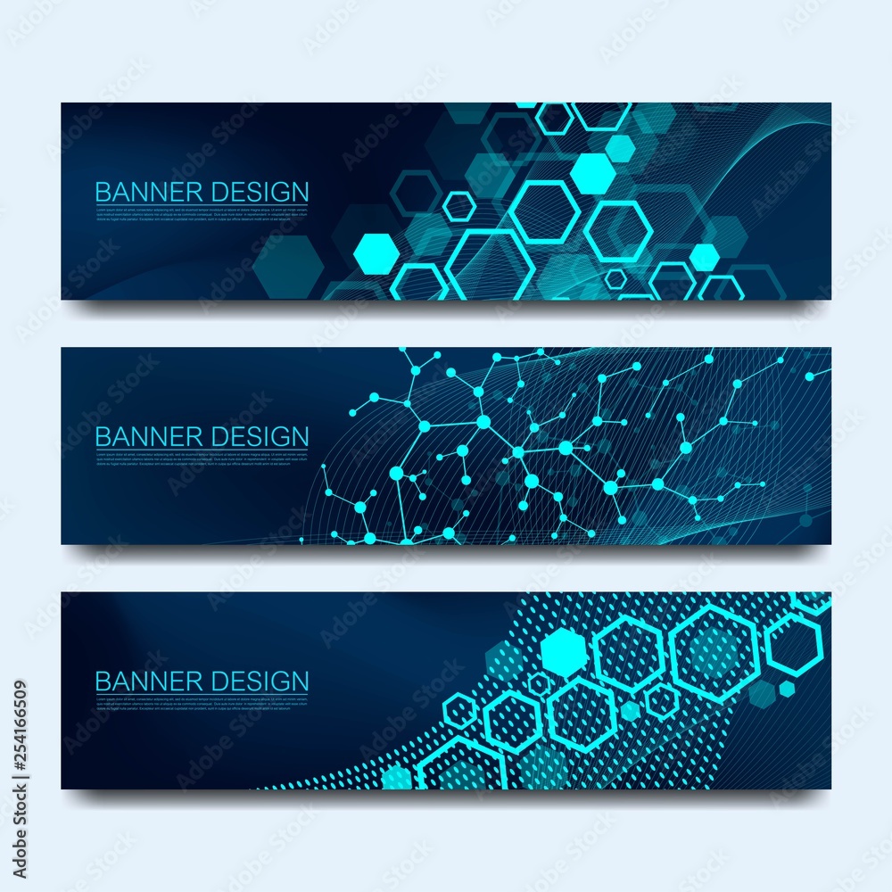 Abstract molecules banners set with lines, dots, circles, polygons ...
