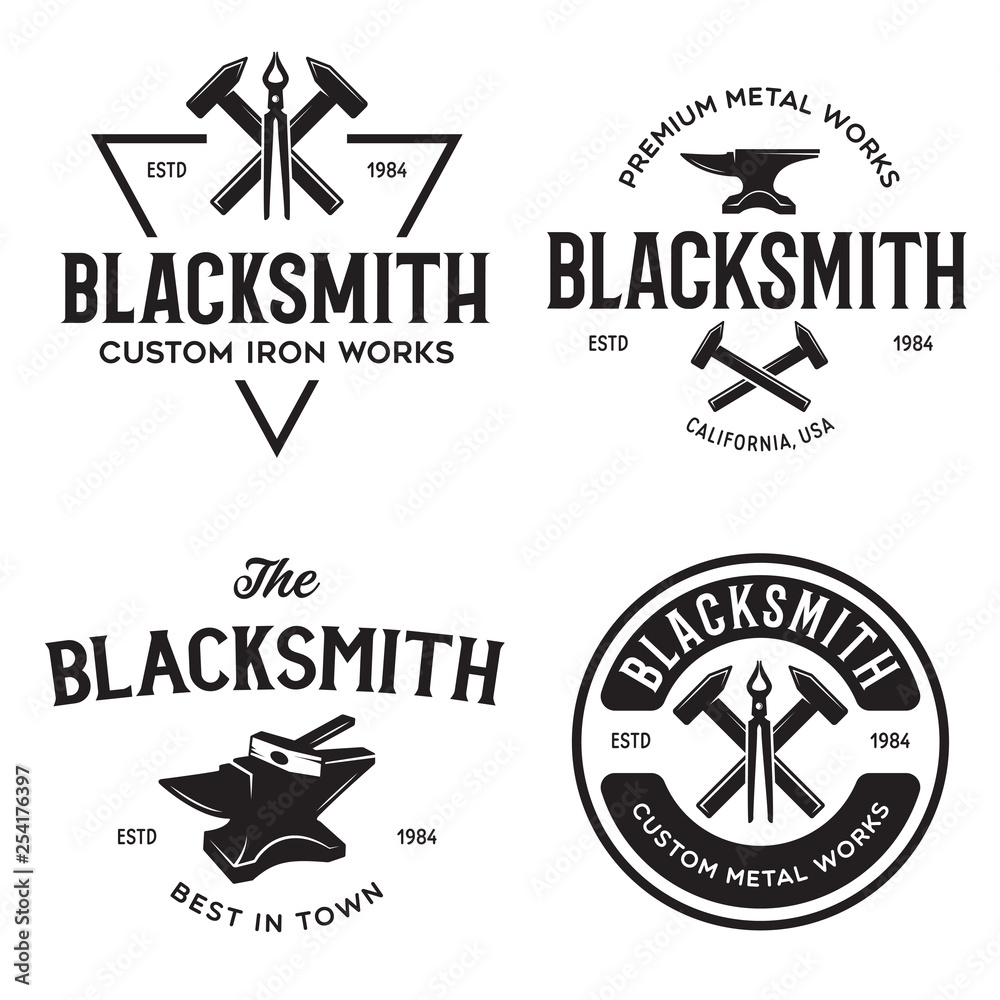 Blacksmith labels set. Design elements for metalworks service emblems ...
