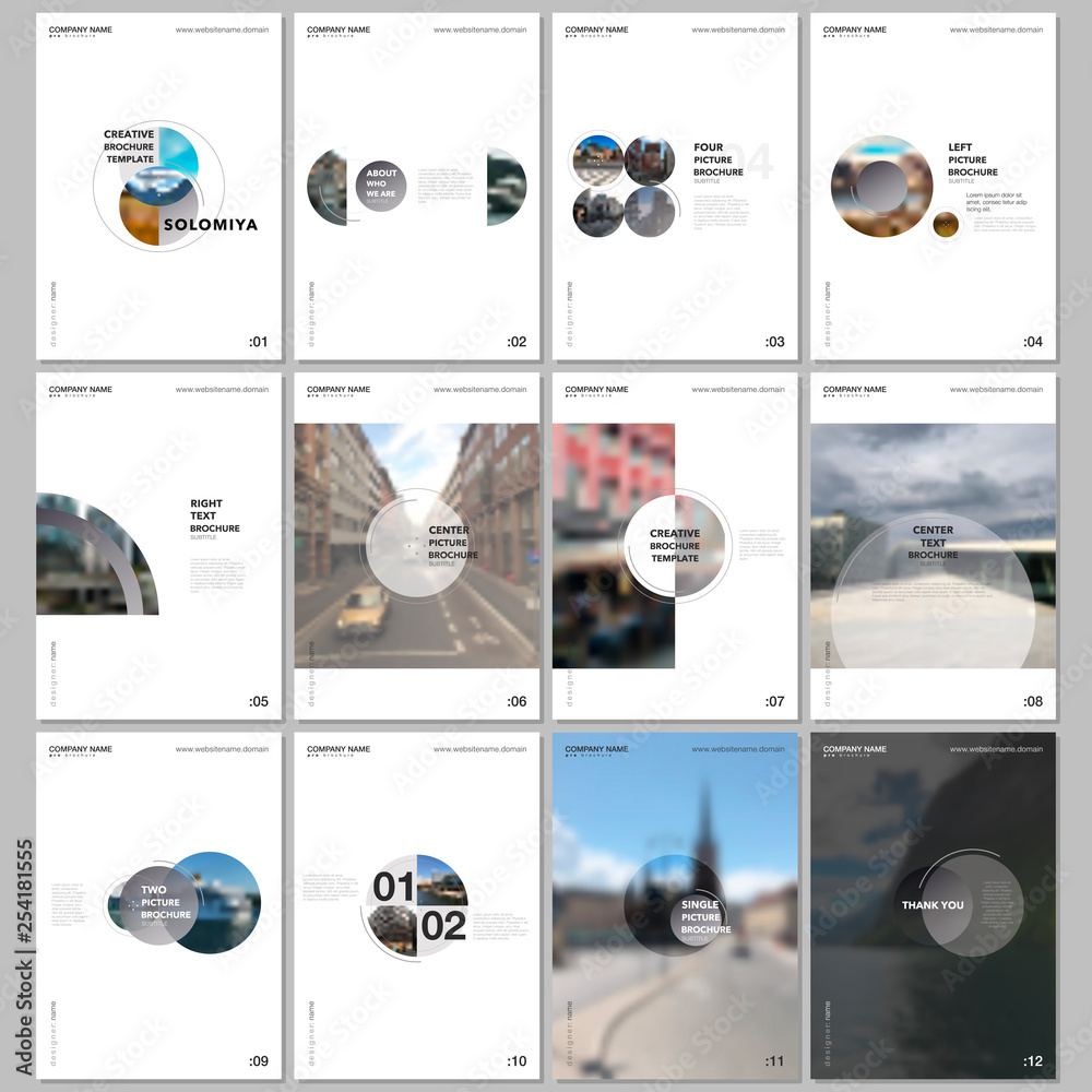 Minimal brochure templates with circles, round elements on white ...