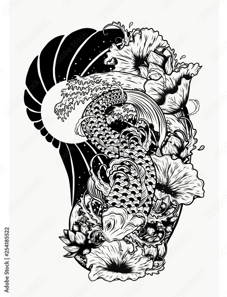 Detailed Black And White Koi Fish Drawings