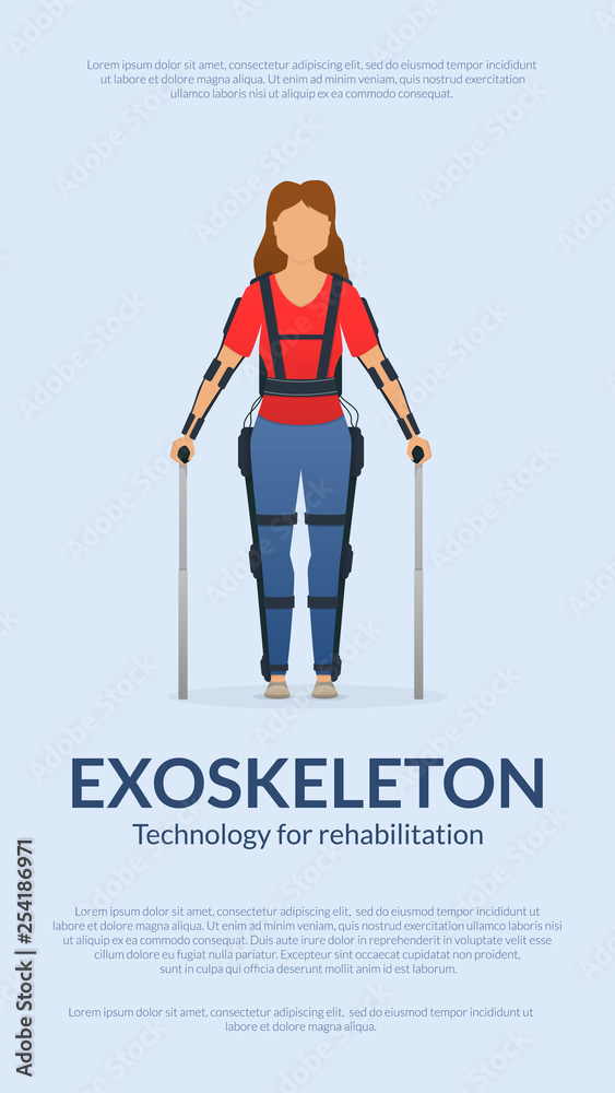 Disabled woman stay with medical exoskeleton. Banner template. Medicine ...