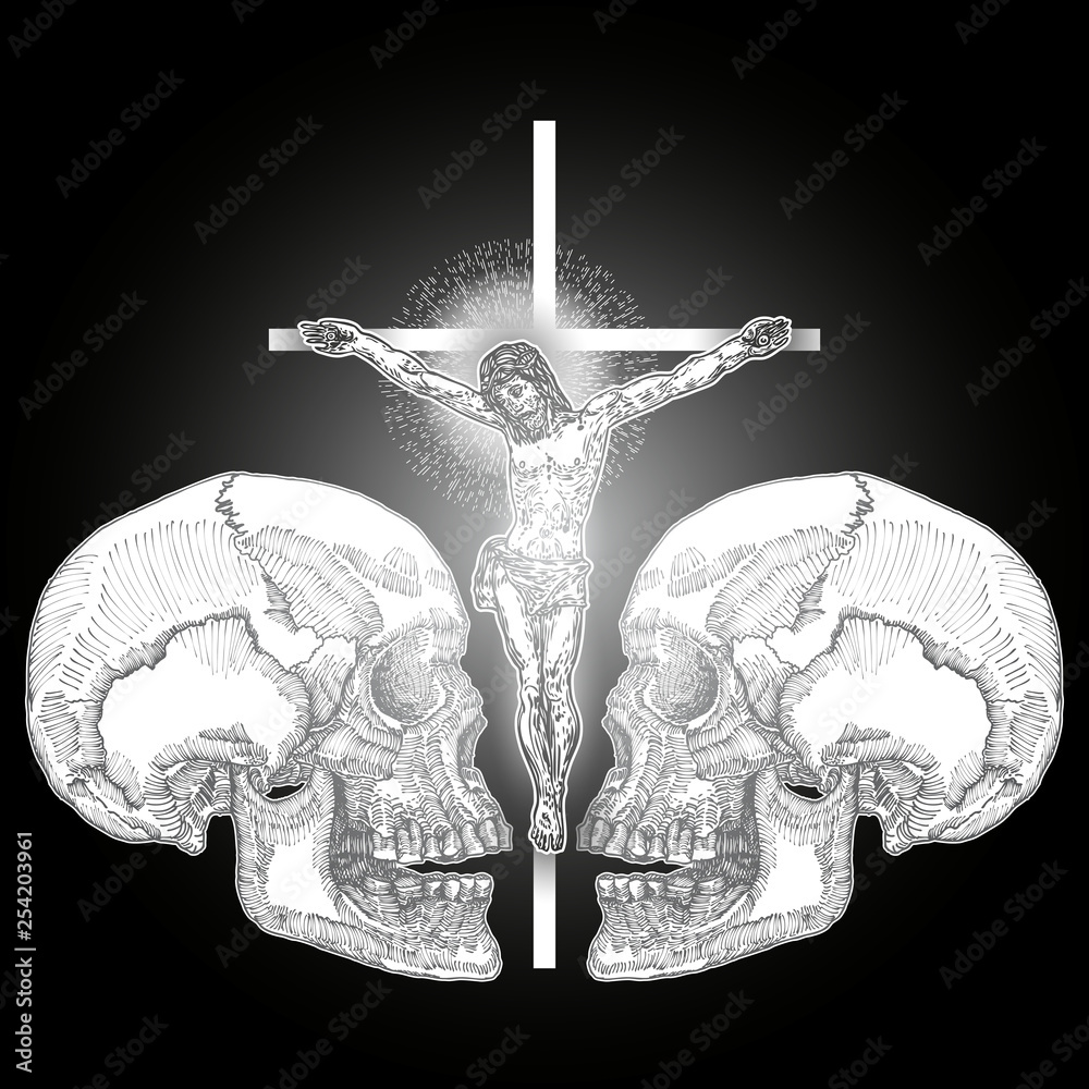 Jesus Christ crucifixion with drawing of skulls, symbol of saint. Flash ...