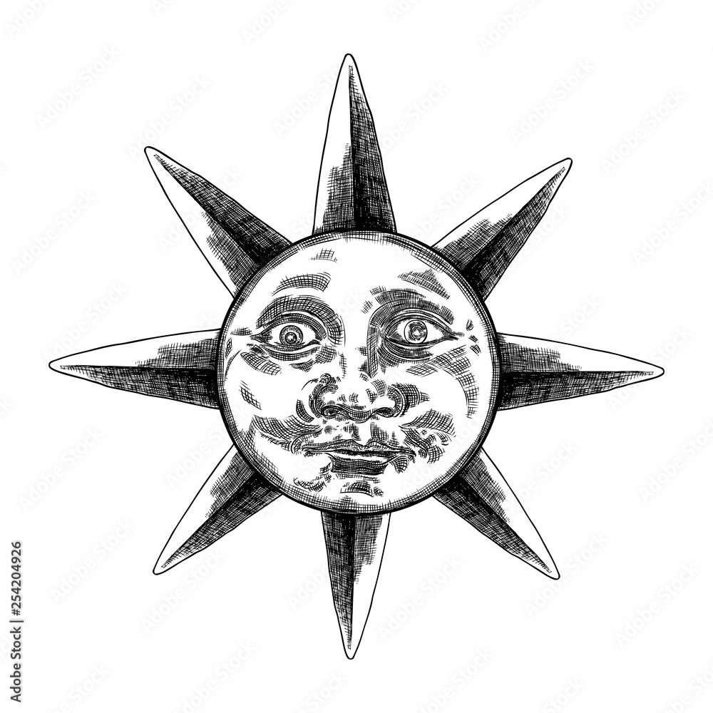 Sunrise engraving illustration. Vintage engraved sun with face of the ...