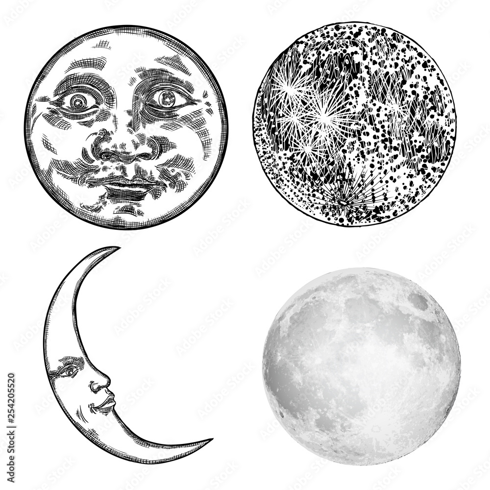 Set of hand drawn sketch of moon human like face or anthropomorphic ...