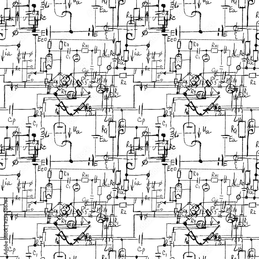 Scientific seamless texture with handwritten formulas and electronic ...