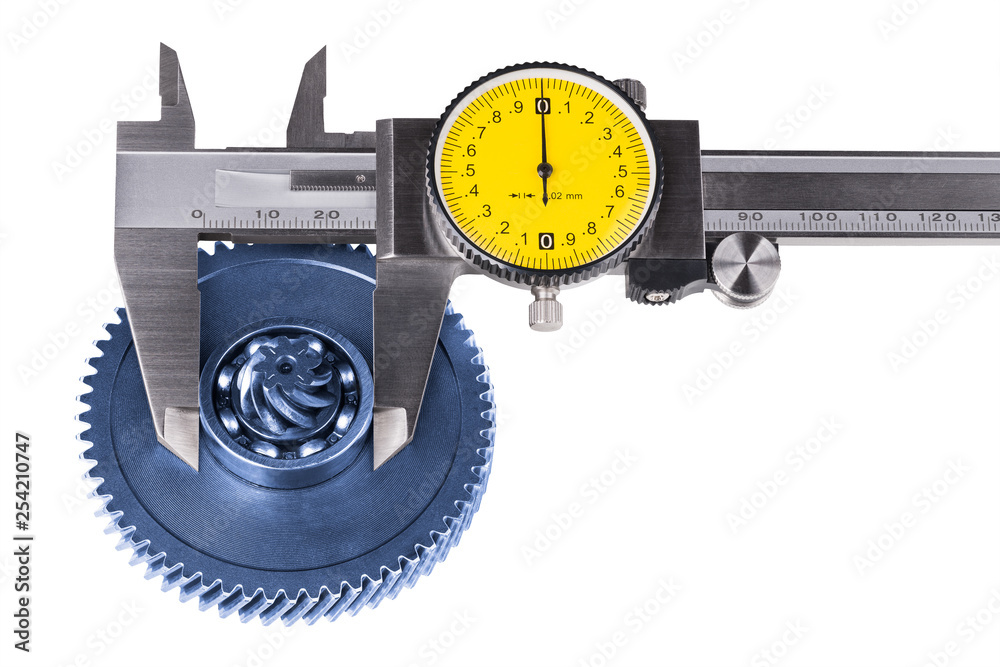 Measurement of cogwheel diameter by caliper. Isolated on white ...