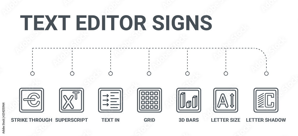 simple set of 7 line icons such as letter shadow, letter size, 3d bars ...