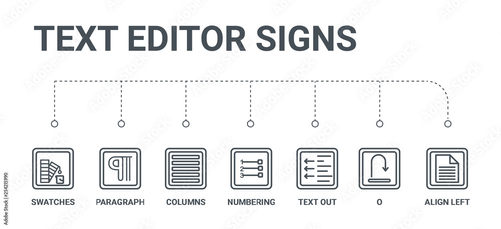 simple set of 7 line icons such as align left, o, text out, numbering ...