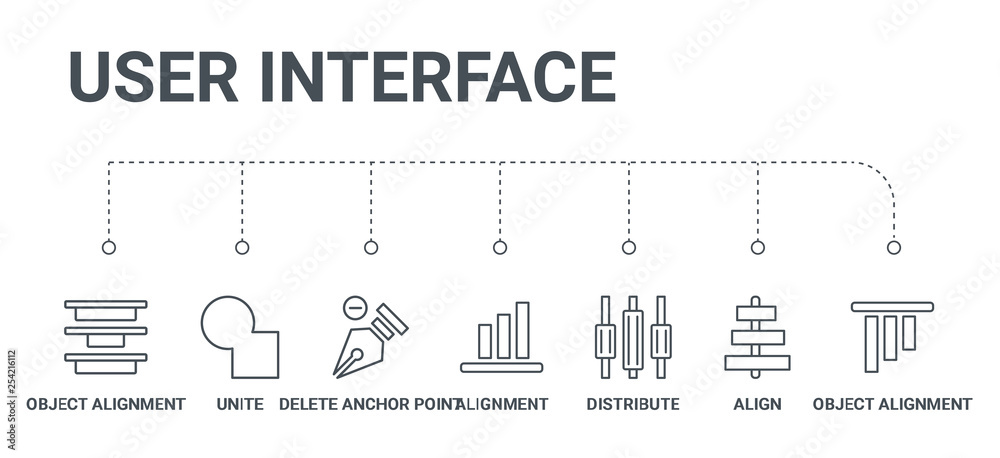 simple set of 7 line icons such as object alignment, align, distribute ...