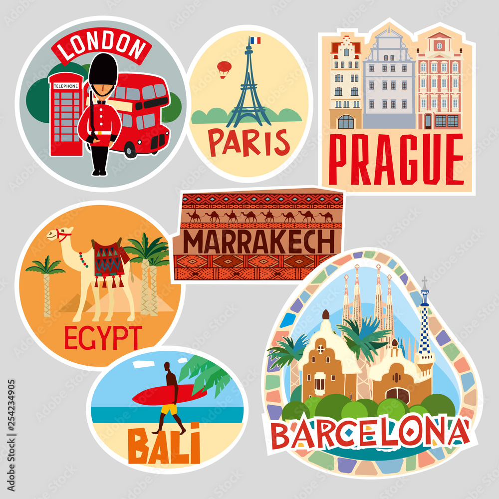 Travel stickers. Character set of cities of different countries. Vector ...