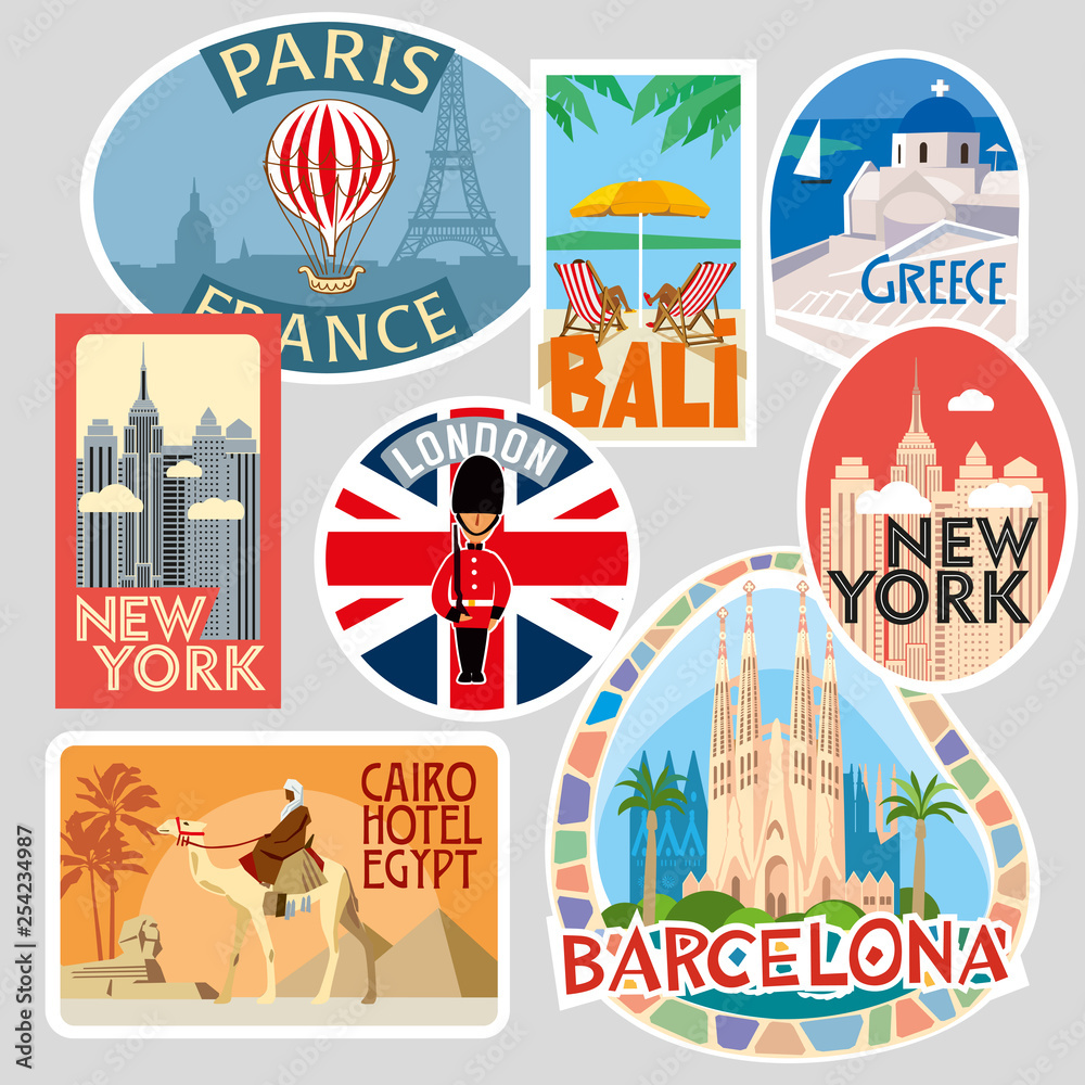 Travel stickers. Various world cities and resorts. Vector illustration ...