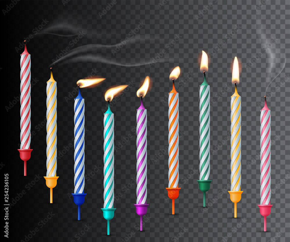 Birthday candles realistic vector illustration on dark transparent ...