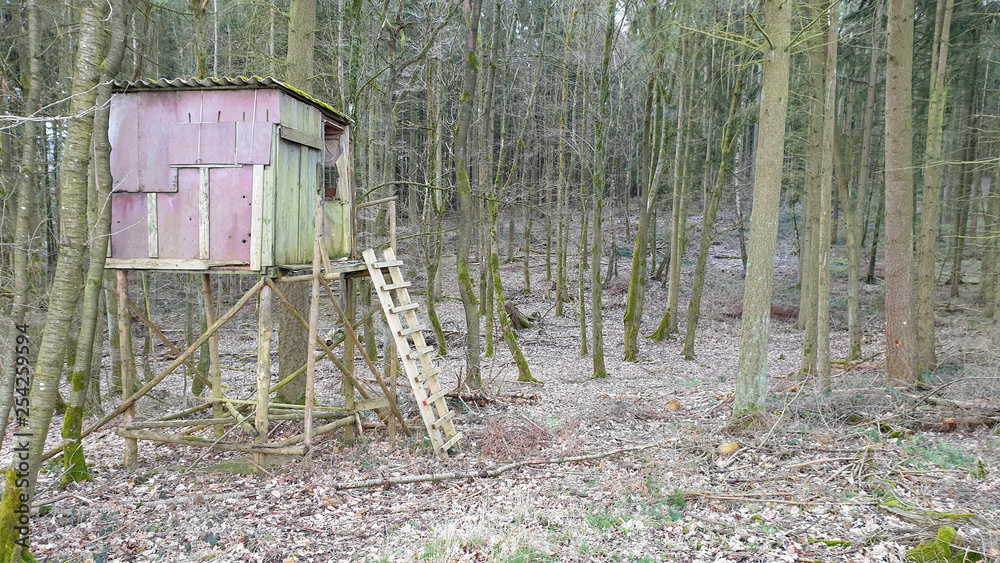 Wooden lookout tower for hunting in the woods and on meadow Stock Photo ...