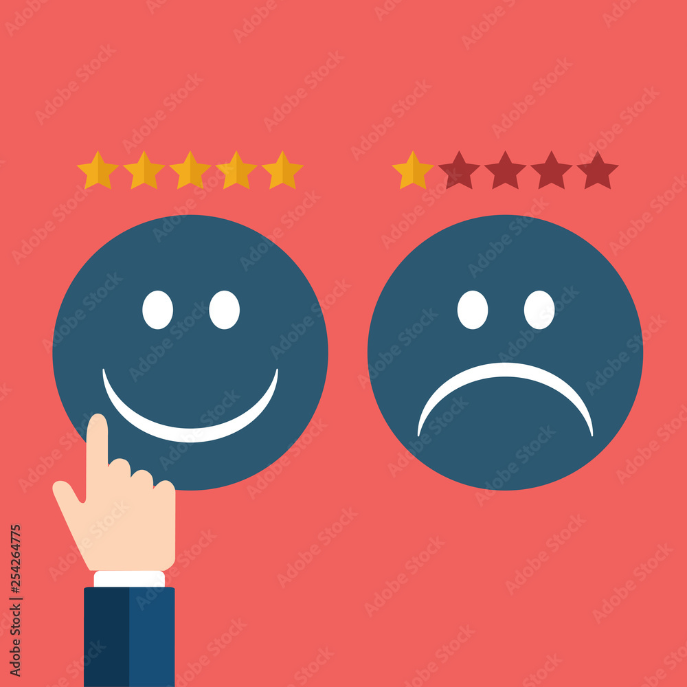Hand rating on customer service. Two smileys, happy and sad one. Flat ...