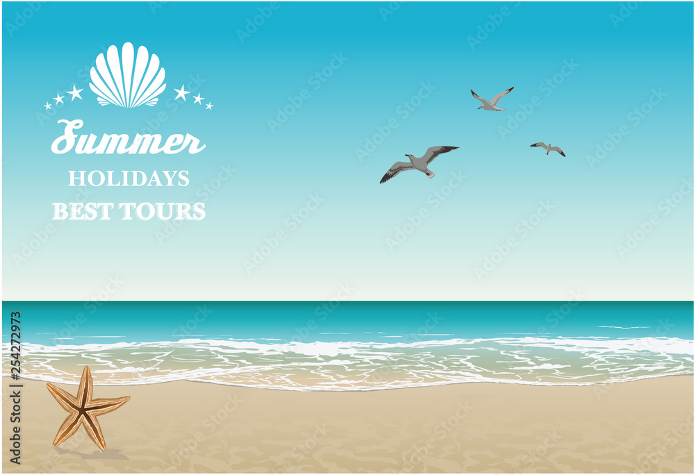 Vector seaside view poster with tropical beach and palms Stock Vector ...