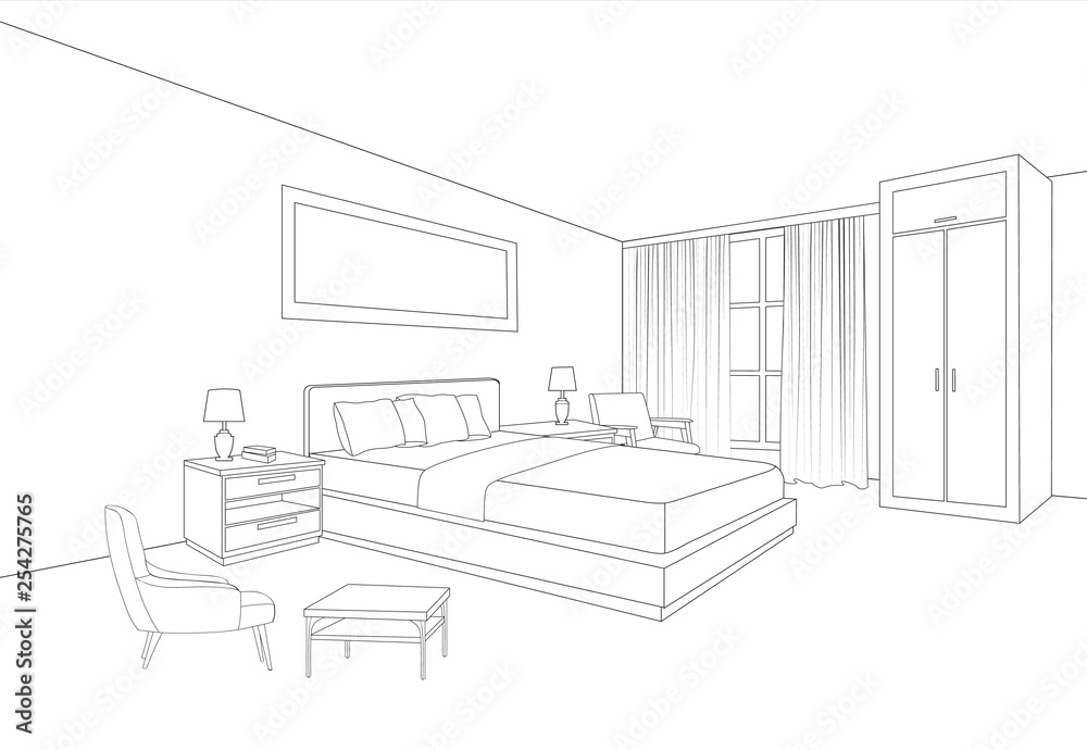 Bedroom furniture interior. Room line sketch drawing. Stock ...