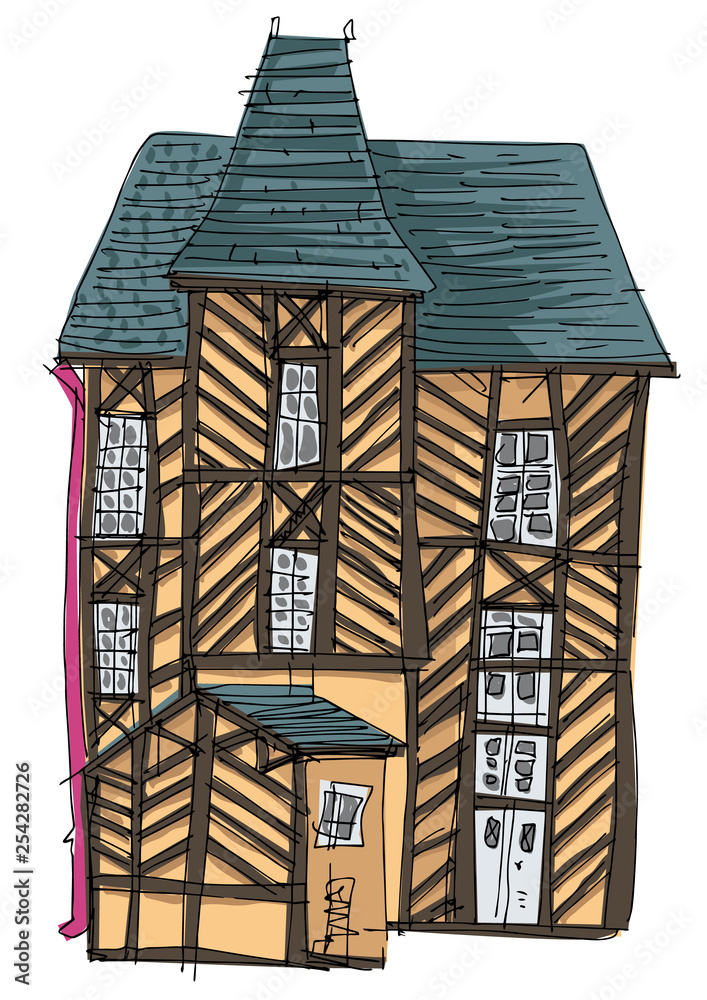 Poster A big and complex half-timbered house. Cartoon. Caricature ...