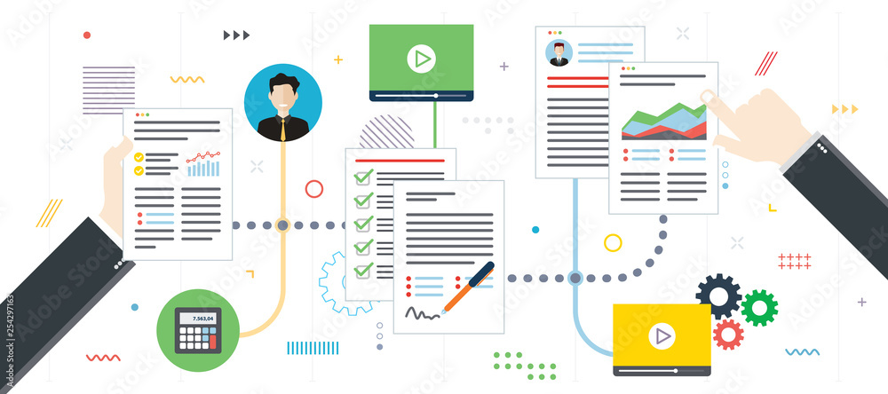 Paperwork management and business report. Hands with data sheets in ...