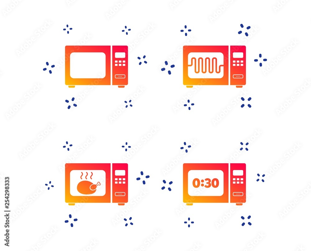 Microwave oven icons. Cook in electric stove symbols. Grill chicken ...