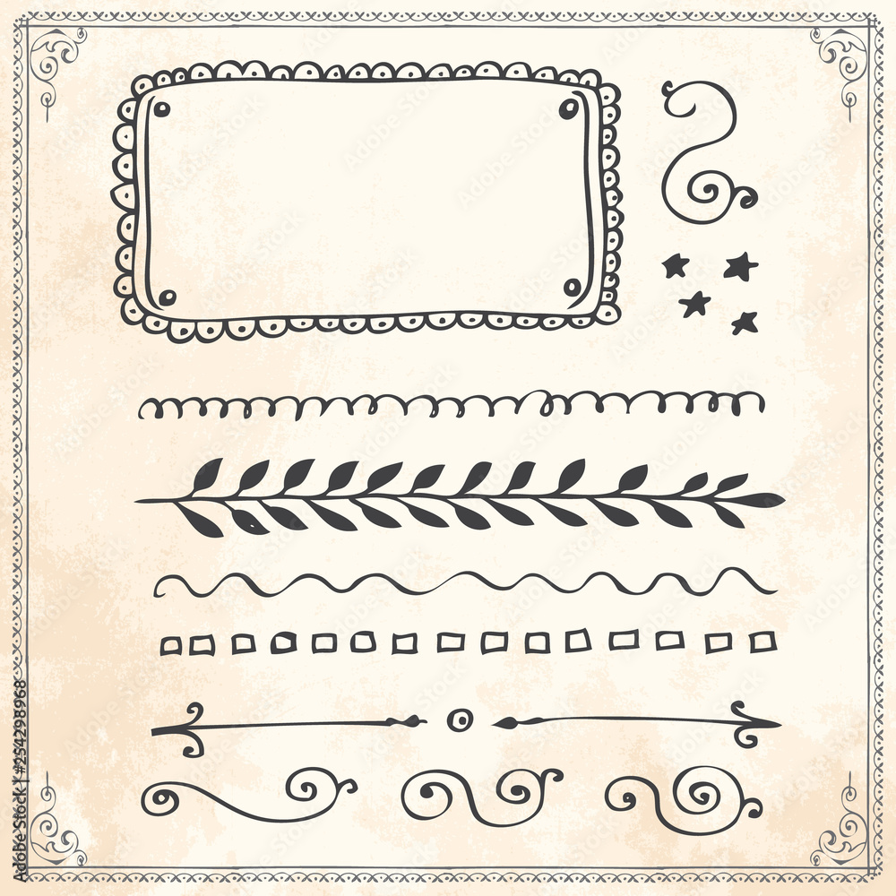 Hand drawn line border frame design elements set Stock Vector | Adobe Stock