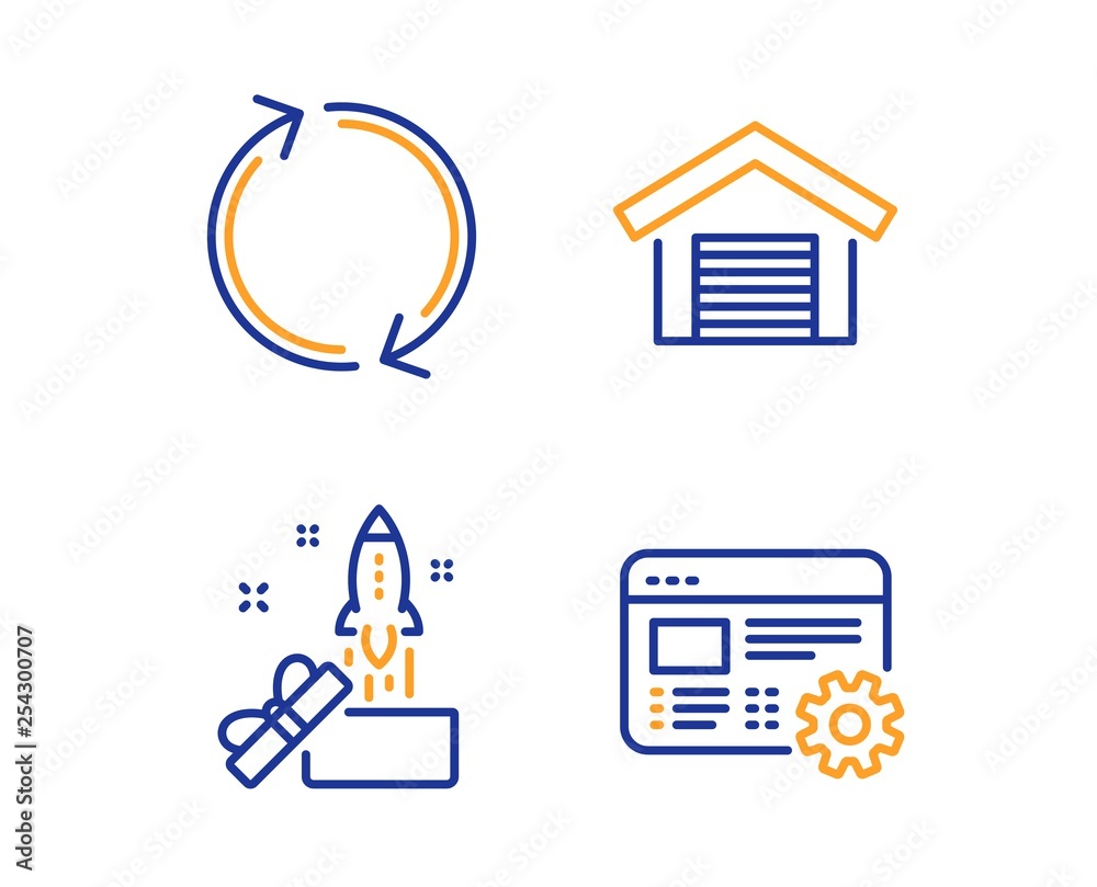 Innovation, Refresh and Parking garage icons simple set. Web settings ...