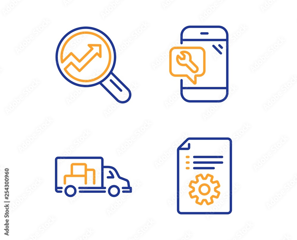 Truck transport, Analytics and Phone repair icons simple set. Technical ...