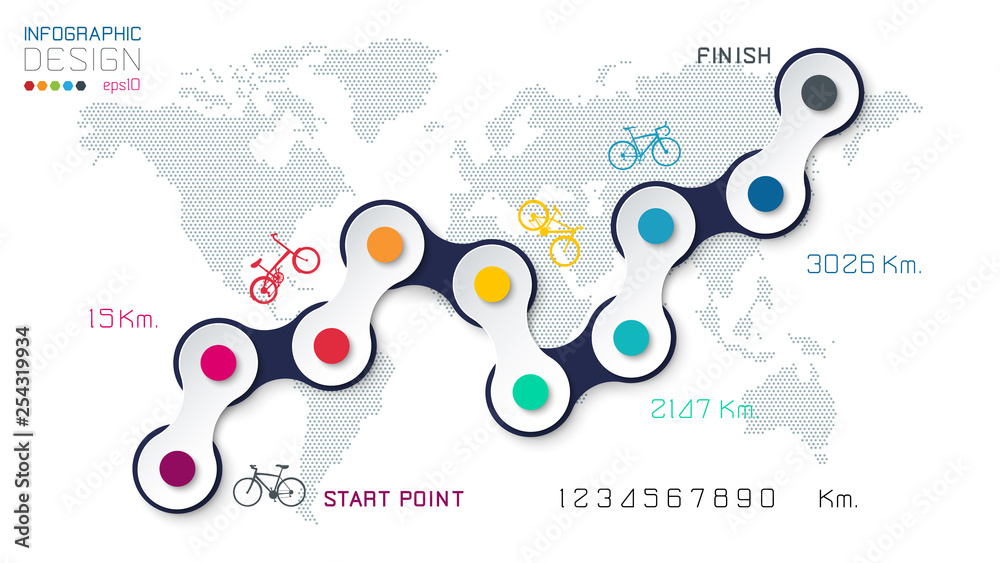Bicycle way with business icon infographics on world map background ...