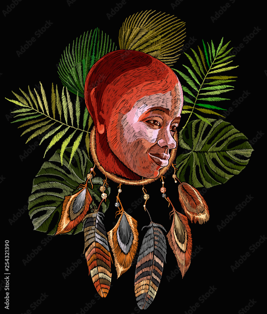 Embroidery, african tribal woman and palm leaves. Ethnic art. Template ...