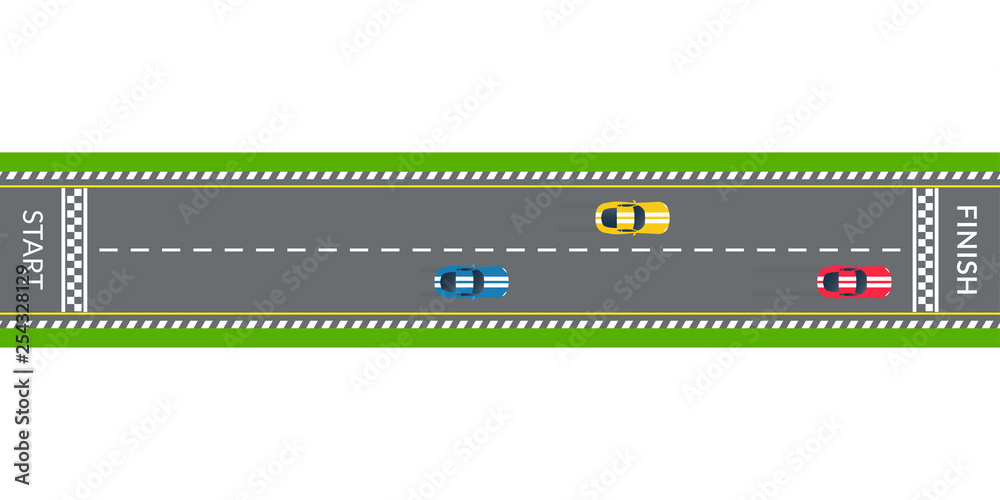 Race track with sport cars. Top view. Rally road with start line and ...