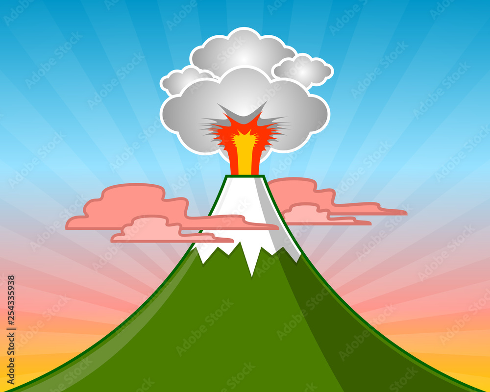 Minimalistic flat volcano eruption illustration with clouds and sunrise ...
