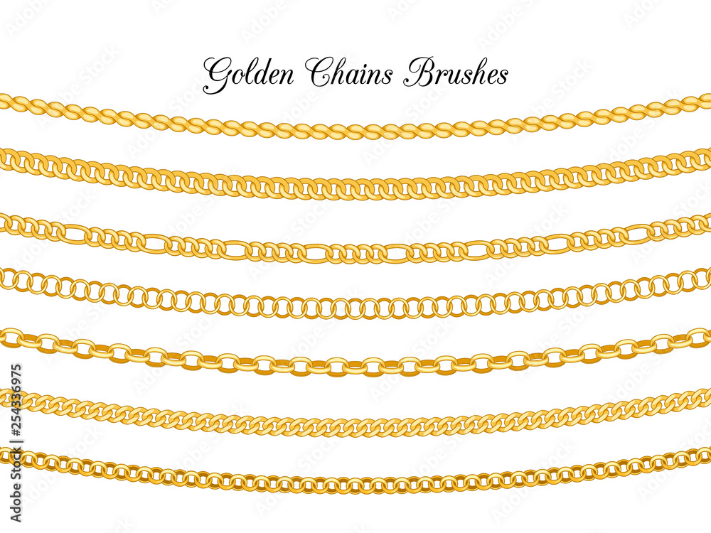 Golden chains brushes. Gold metal chain borders isolated on white ...