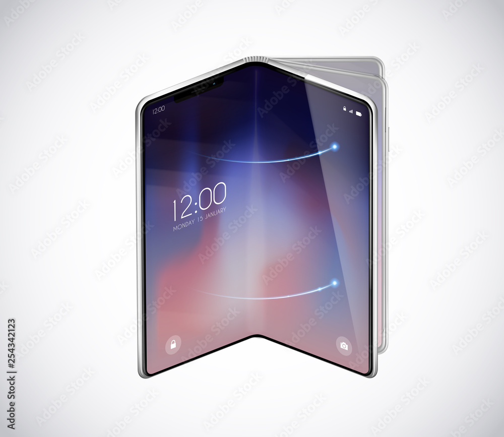 New foldable smartphone concept, prototype with advertisment background ...