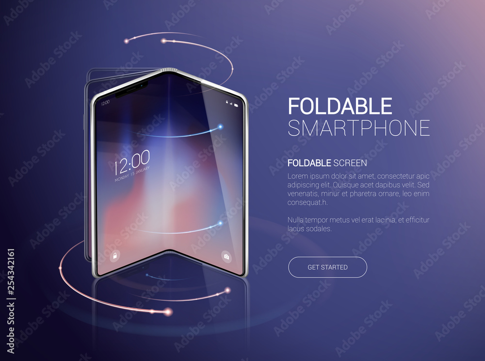 New foldable smartphone concept, prototype with advertisment background ...