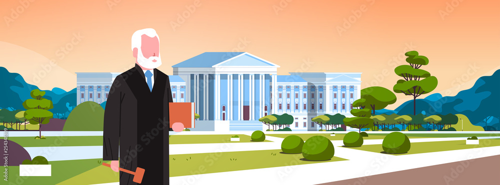 judge man court worker in judicial robe holding book and hummer ...