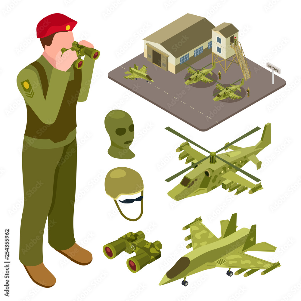 Military air force base isometric with helicopter, fighter aircraft ...
