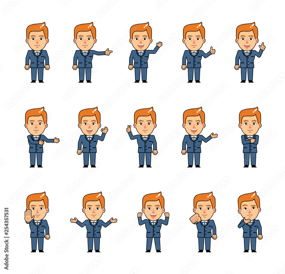 Set of diverse chibi man characters showing different hand gestures ...