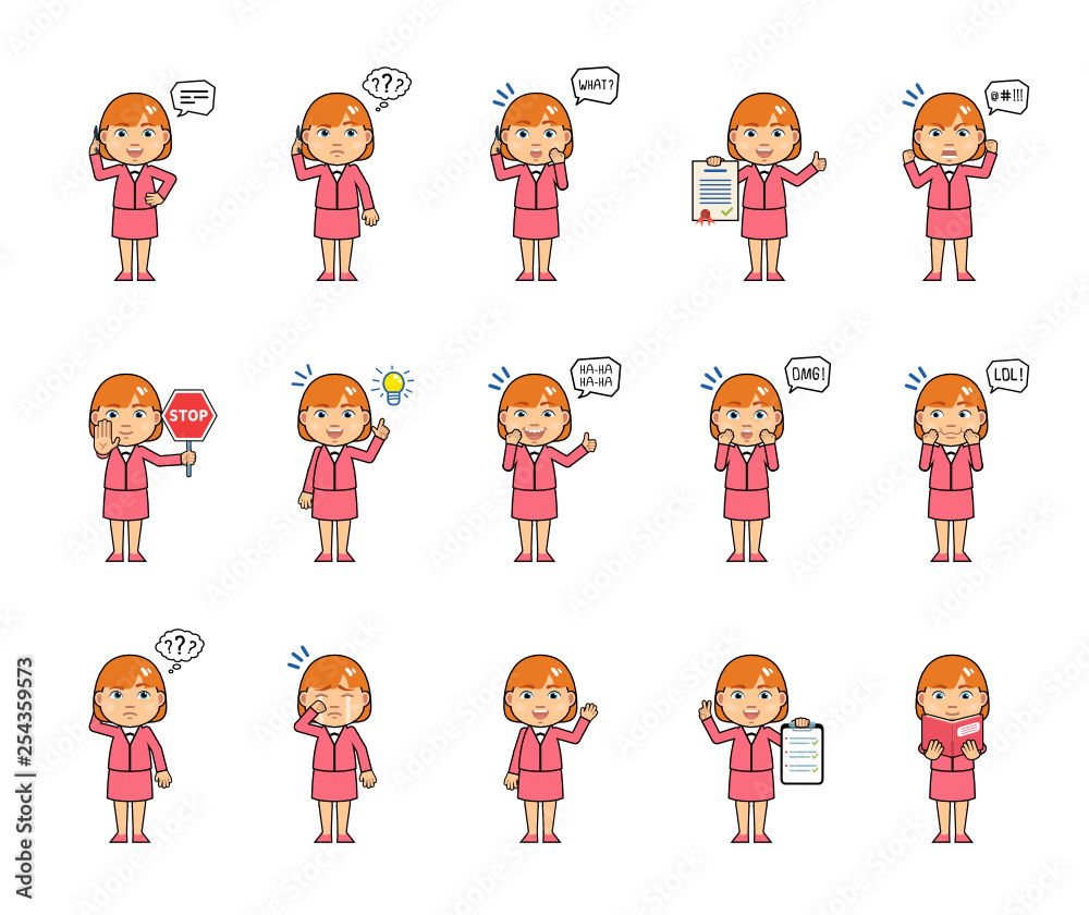 Set of chibi woman characters showing diverse actions, emotions. Kawaii ...