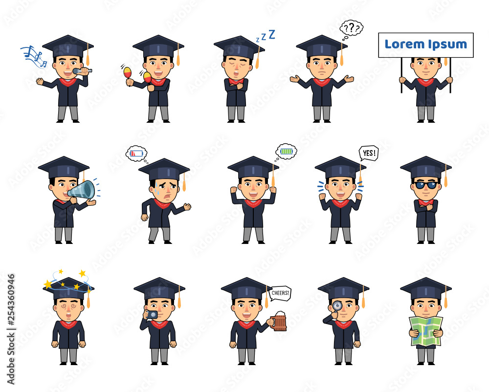 Set of graduate student characters showing diverse actions, emotions ...