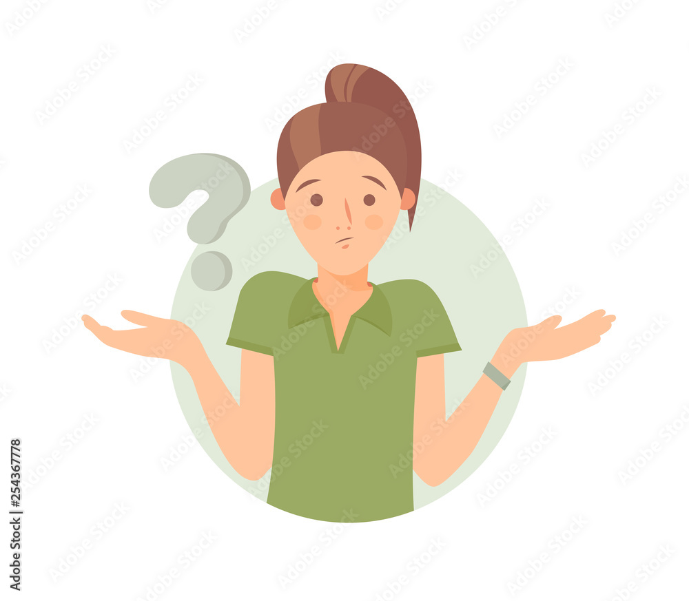 Cartoon pretty girl doubts, thinks why. Woman with question mark ...
