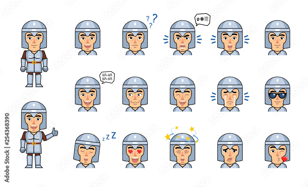 Set of medieval knight emoticons. Funny knight emojis showing various ...
